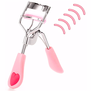MERVK Stainless Steel Eyelash Curler with Built-in Comb Pinch Pain-Free Suitable for Any Eye Shapes and Sizes, with 5 Silicone Refill Pads (Light Pink)