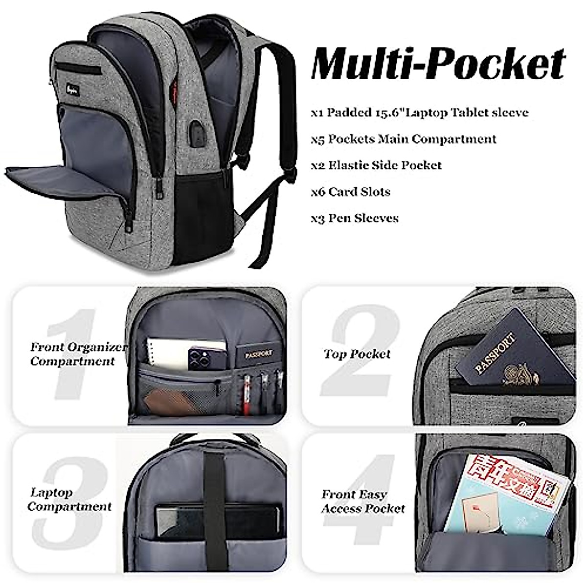 Travel Laptop Backpack for men women, School Backpacks for teen boys 15.6 Inch Durable Water Resistant Anti Theft Bookbag with USB Charging Port, College High School Business Computer Bookbags, Grey