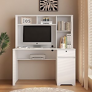LUSPAZ Wooden Computer Desk with Hutch & Bookshelf, Executive Design for Teens, Students, and Home Office,Includes Drawers, AC Outlets, and USB Ports, White
