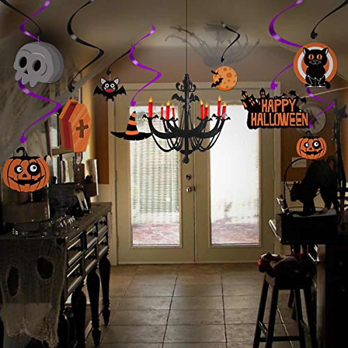 Unomor Halloween Decorations Indoor Hanging Swirls for Haunted House Decor Ceiling Swirl Decoration Included Bats, Spider, Ghost, Pumpkin, 3D Chandelier (30 Piece)