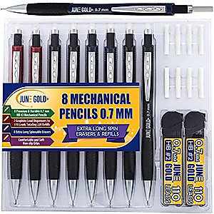 June Gold 8 Pack 0.7 mm HB #2 Mechanical Pencils, Extra Long Spin Eraser, 2 Lead Dispensers/w 220 Refills & 8 Refill Erasers, Break Resistant Lead, Soft Non-Slip Grip
