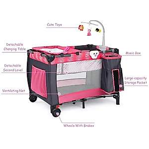 INFANS 3 in 1 Pack and Play with Bassinet, Mattress, Changing Table, Music Box, Toys, Storage Basket, Travel Bag, Portable Nursery Activity Center Play Yard for Baby Kid Infant (Pink)