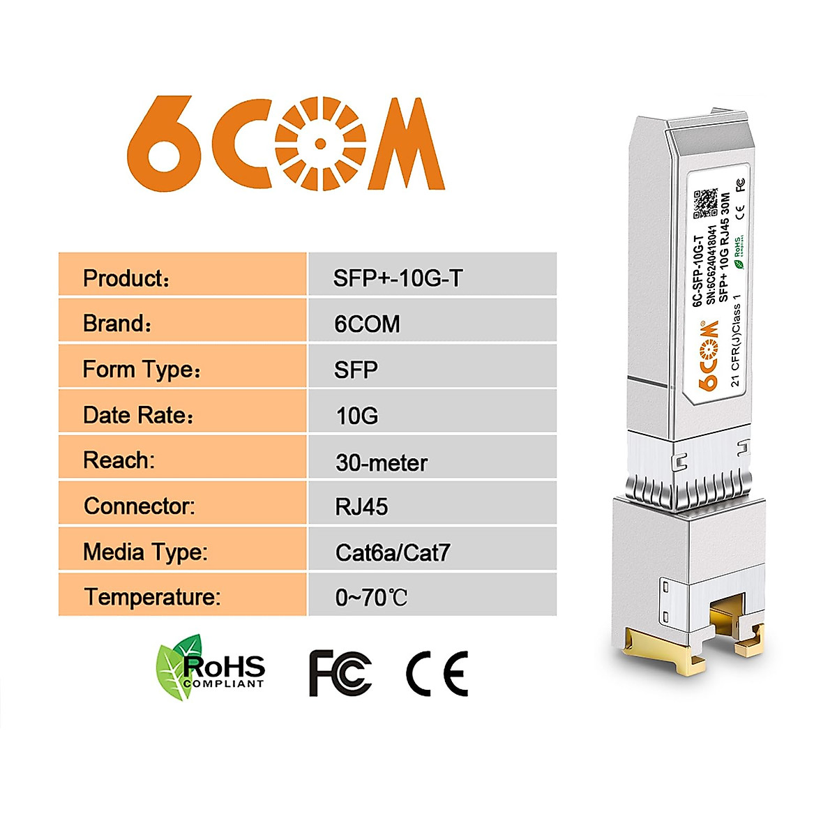 6COM 10GBase-T SFP+ Transceiver, 10G SFP+ to RJ45 Copper Module, CAT.6a/7, up to 30 Meters, compatible for Cisco SFP-10G-T-S, Ubiquiti uacc-cm-rj45-mg, D-Link, Supermicro, MikroTik S+RJ10 and More