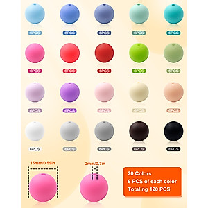 120PCS FIVEIZERO Silicone Beads, 20 Colors 14,15mm Silicone Beads Focal Beads Rubber Round Beads Mixed Color Silicone Beads Bulk for DIY and Keychain Accessories Silicone Beads Crafts Making