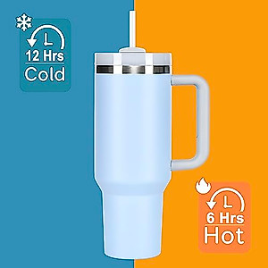 40oz Tumbler with Handle, Straw, Lid, Stainless Steel Vacuum Insulated Water Bottle Adventure Travel Mug Quencher for Iced Coffee, Hot or Cold Tea and Beverage, Sky Blue