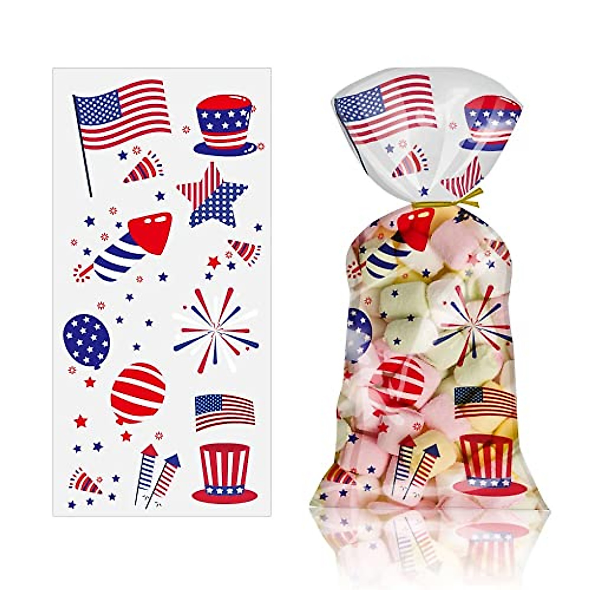 Yaroelrd 100 Pieces Patriotic Cello Bag Independence Day Cellophane Gift Bag with Gold Twist Tie for Independence Day Sports Event Party Decorations 4 Styles