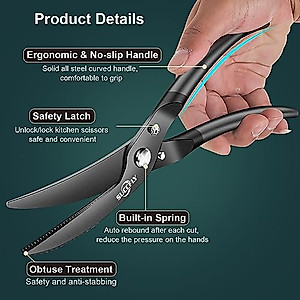 Premium Kitchen Shears Heavy Duty, Kitchen Scissors Stainless Steel, Black Titanium Plated Ultra Sharp Food Scissors, Poultry Shears for Bone, Chicken, Meat, Fish, Anti-Slip Handle & Spring Loaded