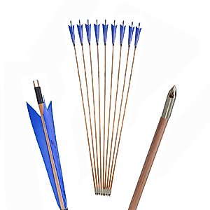 SHARROW 6 Pack 33 inch Traditional Bamboo Arrows Target Practice Arrow with 5 inch Tureky Feather and Broadheads for Recurve Bow Longbow (Blue)