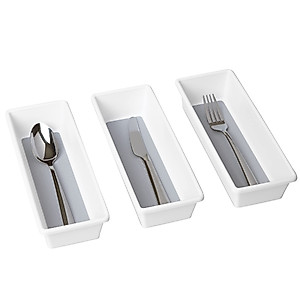 Smart Design Plastic Drawer Organizer - Set of 3-9.75 x 3.75 Inch - Non-Slip Lining and Feet - BPA Free - Utensils, Flatware, Office, Personal Care, or Makeup Storage - Kitchen - White with Gray