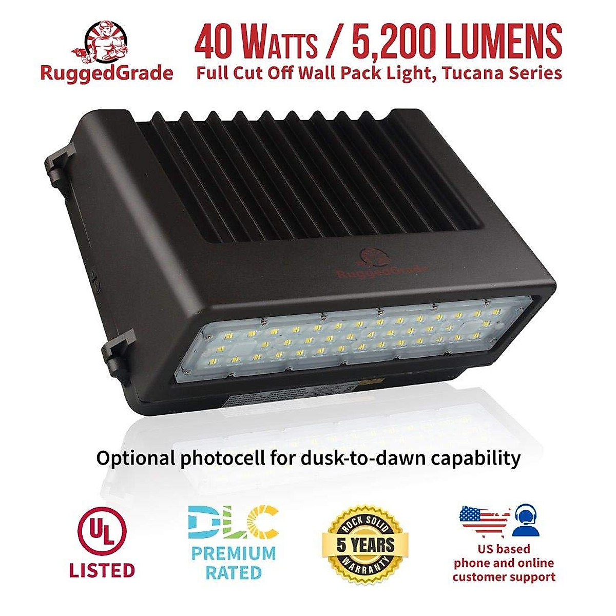 RuggedGrade 40 Watt LED Wall Pack Light - Tucana II Series Full Cut Off - 5,200 Lumens- 5000K - with Photocell Dusk to Dawn Sensor - Dark Sky Compliant