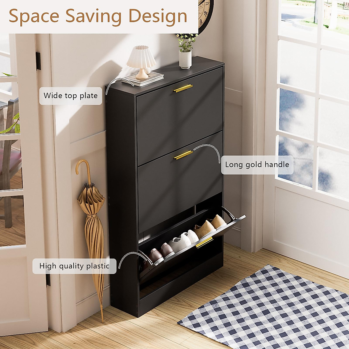 LYNSOM Shoe Cabinet, Free Standing Tipping Bucket Shoe Rack Organizer with 3 Flip Drawers, Modern Entryway Shoe Storage with Top Display, Narrow Slim Hidden Shoe Cabinet (Black)