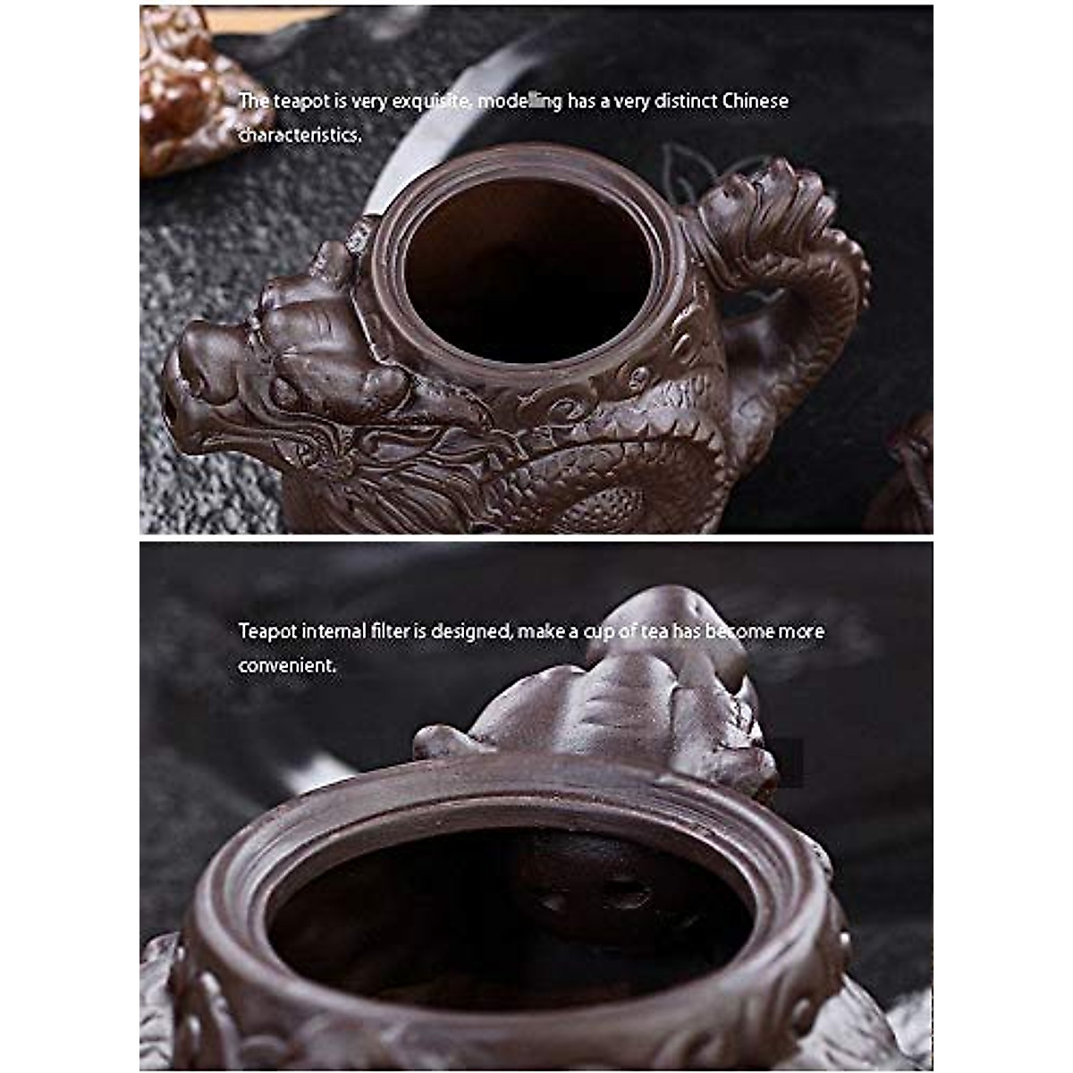 Authentic Yixing Teapot Dragon and Phoenix Tea Pot Big Capacity Purple Clay Tea Set Kettle Kung Fu Teapot (Black)