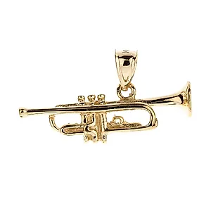 14k Solid Yellow Gold Music Charm Trumpet Pendant