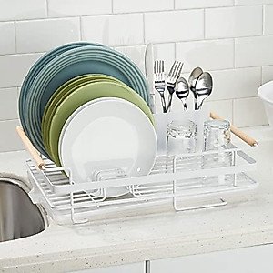 mDesign Modern Metal Kitchen Dish Drainer Drying Rack with Plastic Cutlery Tray, Drainboard, and Natural Wood Handles - Drip Drain Storage for Sink or Countertop - Matte White/Frost