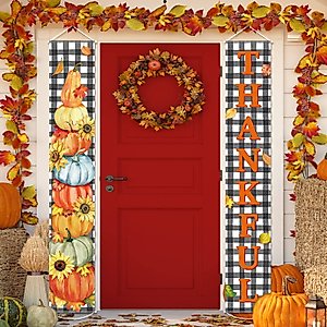 Tiamon Thanksgiving Door Banners Thankful Fall Porch Sign Banners Welcome Pumpkin Hanging Banners Autumn Harvest Door Decorations Thanksgiving Decors for Yard Indoor Outdoor Wall Party Supplies Decor