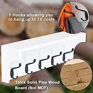 Dseap Wall Shelf with 5 Dual Hooks - 17-inch Heavy Duty Coat Rack Wall Mount with Shelf, Entryway Shelf with Hooks Underneath - Solid Pine Wood - for Entryway, Mudroom, Kitchen, Bathroom, White TEG02B