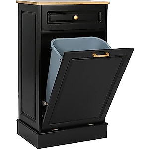 Scurrty 20.5'' Wooden Tilt Out Trash Can Cabinet for Kitchen Island,Tilt Out Bin for Trash Disposal Recycling, Handmade Solid Wood Hideaway Trash Holder for Laundry Hamper with Drawer (Black, Single)