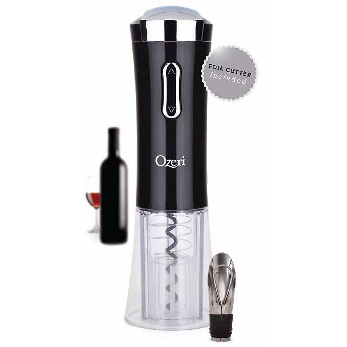 Ozeri Nouveaux II Electric Wine Opener in Black, with Foil Cutter, Wine Pourer and Stopper