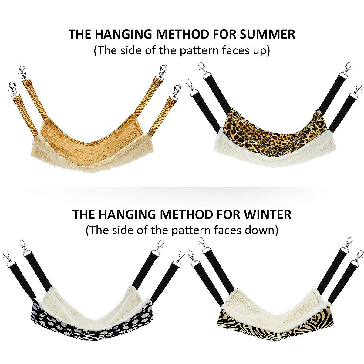 Boao 4 Pcs Guinea Pig Hammock Rat Hammock for Cage Small Animals Hanging Hammock Pet Cage Accessories for Chinchilla Parrot Sugar Glider Ferret(Leopard, Zebra, Black and White Dots, Camel)