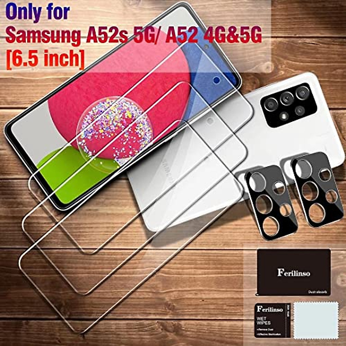 Ferilinso [5 Pack 3 Pack Screen Protector + 2 Pack Camera Lens Protector for Samsung Galaxy A52 4G&5G/ A52s 5G [HD] [Tempered-Glass] [Case Friendly] [Anti-Fingerprint] [Easy Installation]