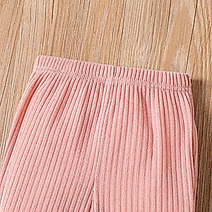 PATPAT Toddler Girl Ribbed Bell Bottom Flare Pants Solid Color Casual Elastic Waist Wide Leggings Trousers 2 Years Apricot