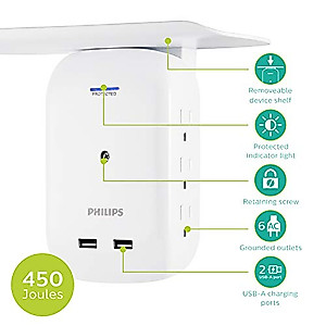 Philips 6-Outlet Extender 2-USB Surge Protector, Side Access Adapter, Wall Tap, Removable Device Charging Shelf, Charging Station, Protected Indicator Light, 450J, 2.4A, 12W, White, SPS6024WA/37