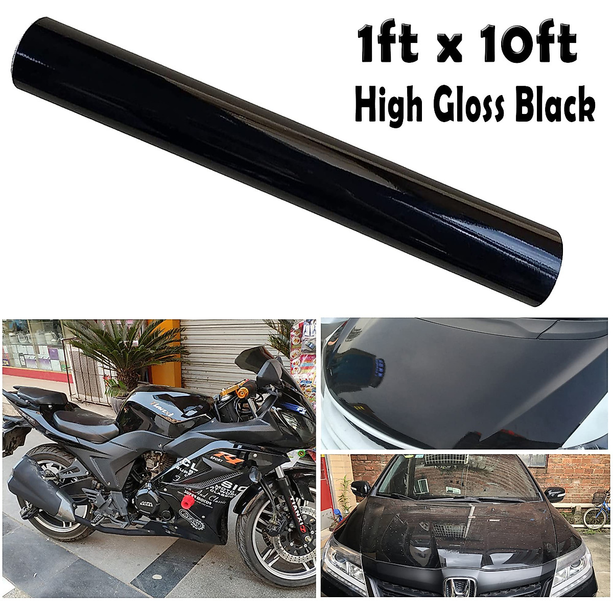 Lypumso High Gloss Black Car Vinyl Wrap Roll 1ft x 10ft Featuring Bubble Free Air-Release Technology Self Adhesive Car Wrap Film Automotive Vinyl Tape Roll for Vehicle Moto Furniture DIY Interior