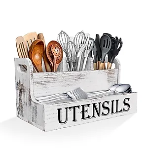 Suli Extra Large Kitchen Utensils Holder with 4 Compartments, White Wooden Utensil Organizer for Kitchen Countertop, Farmhouse Kitchen Decor, Rustic Cooking Utensil - White grain