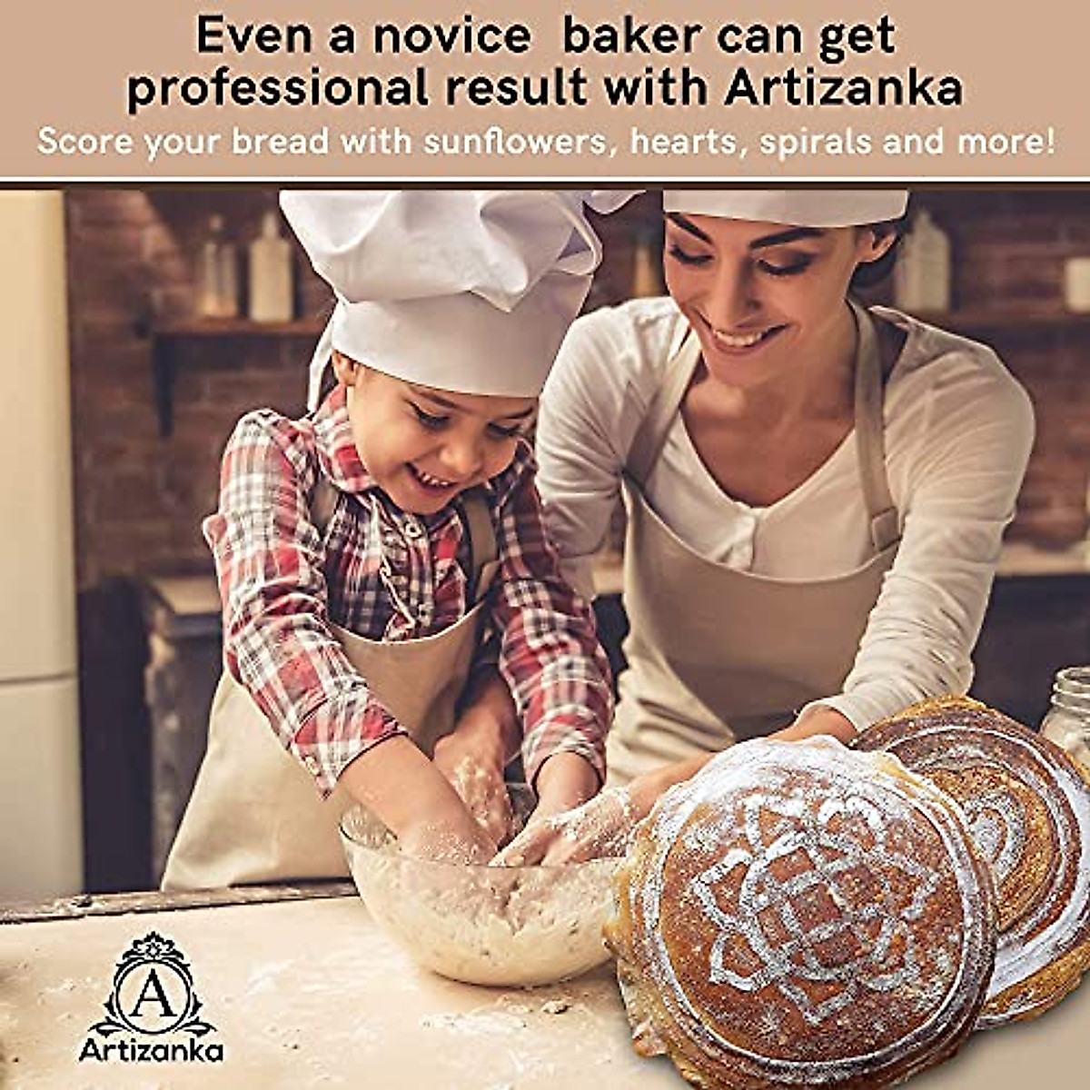 9 in Bread Proofing Basket Set - Make Sourdough Bread with our Banneton Basket and Removable Design Inserts Dough Scraper & Cloth Liner Gift for Bakers by Artizanka (Round Bottom Basket)