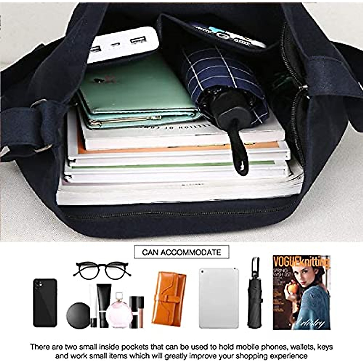 2/4 Pieces Canvas Tote Bag For Women Retro Large Size Canvas Hobo Bag Canvas Shoulder Bag Crossbody Handbag Casual Tote (Black, Light grey)