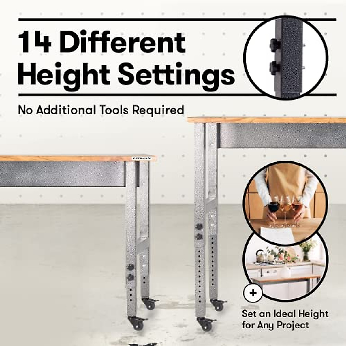 Fedmax Work Bench - 61" Rolling Portable Workbench for Garage - Metal with Acacia Hardwood Top, Adjustable Legs