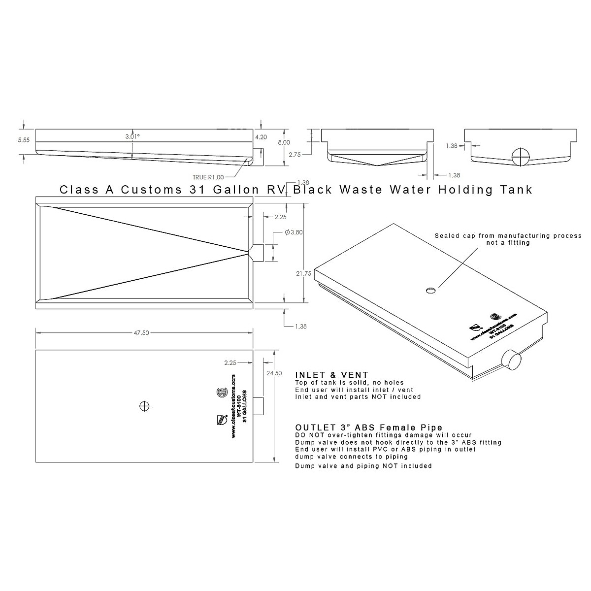 Class A Customs 31 Gallon RV Waste Black Water Holding Tank WT-3100