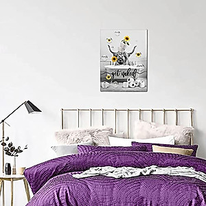 WALLOHERE Bathroom Canvas Wall Art Black And White Artwork Farm Highland Cow In Bathtub With Sunflower Picture Print Modern Giclee Decor For Decoration Ready To Hang 12x16 Inch, 12 x 16 in