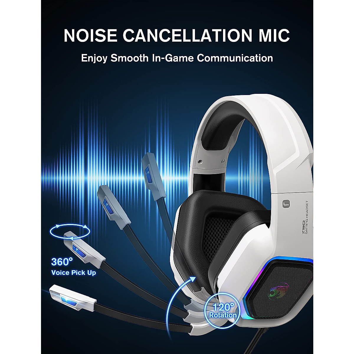 ZIUMIER Z30 White Gaming Headset for PS4, PS5, Xbox One, PC, Wired Over-Ear Headphone with Noise Isolation Microphone, RGB Flowing LED Light, Bass Surround Sound