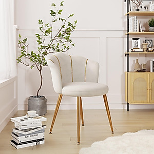 FiveWillowise Living Room Chairs, Mid Century Modern Accent Chair, Preppy Dining Chair, Upholstered Velvet Chair with Gold Legs, Cute Vanity Chair with Back for Bedroom, Study, Waiting Room, Beige