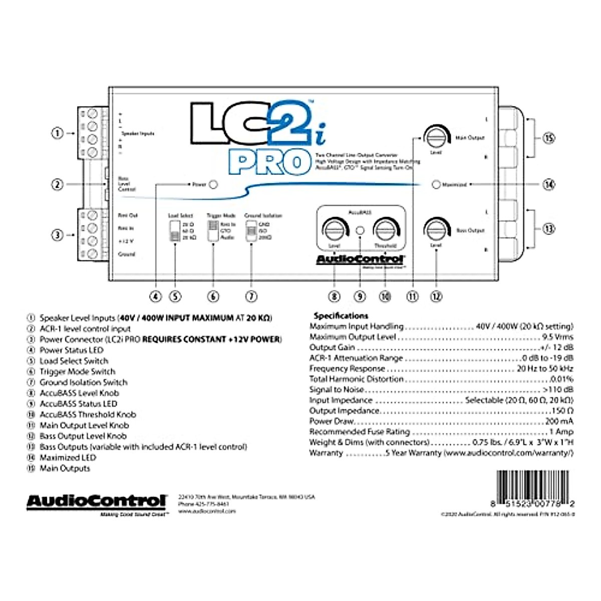 AudioControl LC2i PRO 2-Channel Line Output Converter with Impedance Matching, AccuBASS, GTO, Audio Signal Sense, 12V Turn-On and ACR-1 Dash Remote Subwoofer Control