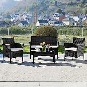 DUMOS Patio Furniture Set 4 Pieces, Outdoor Wicker Furniture with Coffee Table, Modern Rattan Patio Chairs Conversation Sets with Sofa for Garden, Terrace, Porch, Balconies, Lawns (Black and Beige)