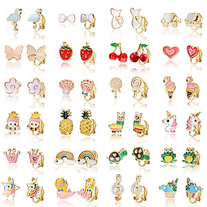 Subiceto 24 Pairs Cute Clip on Earrings for Women Cute Animal Flower Butterfly Colorful Clip-on Earrings Set Pink Flower
