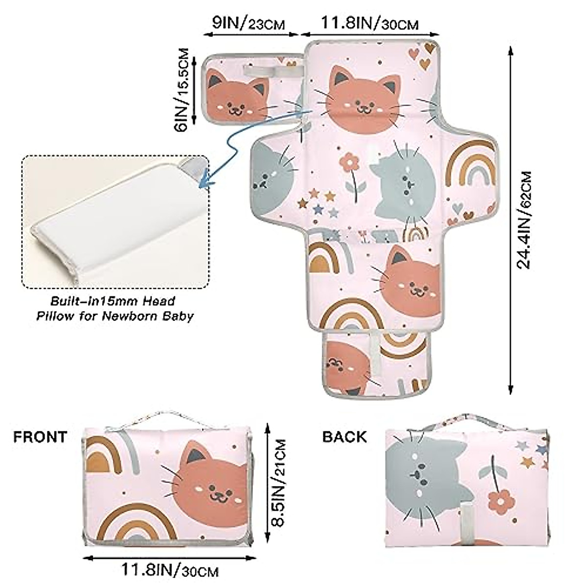 Bulletgxll Cat Cartoon Doodle（2） Portable Diaper Changing Pad Waterproof Changing Pad with Baby Tissue Pocket and Magic Stick for Newborn Baby.