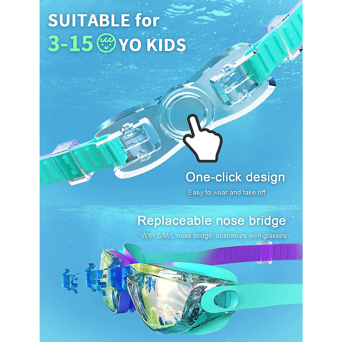 Hurdilen Kids Swim Goggles, Swimming Goggles for Kids Children, Anti-Fog Anti-UV Youth Swim Glasses with Nose Clip, Earplugs for Age 3-15