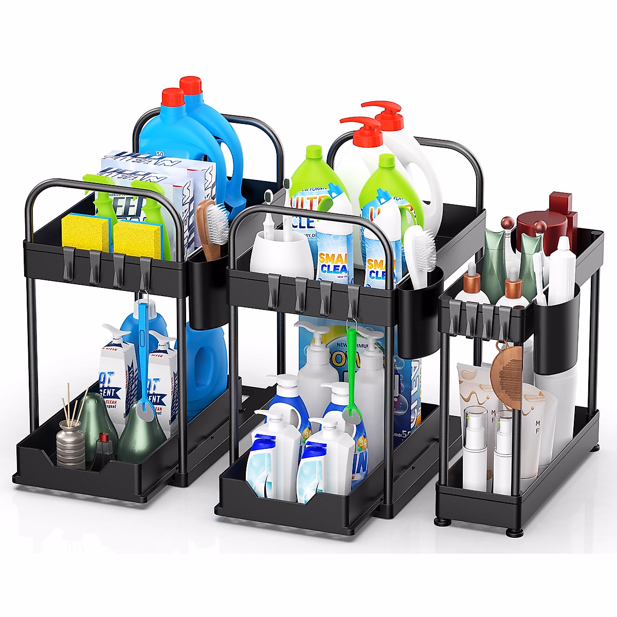 Weenkilly 3 Pack Under Sink Organizer, 2 Tier Sliding Kitchen Cabinet Organizer, Kitchen Sink Organizer with Hooks, Hanging Cups, Handles, Multifunction Bathroom Organizer Kitchen Storage