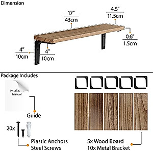 Wallniture Nola Floating Shelves for Wall Storage, Bookshelf Living Room Decor, Bathroom Organizer, 17" Wall Shelves for Bedroom, Kitchen Shelves Set of 5 Burnt Finish