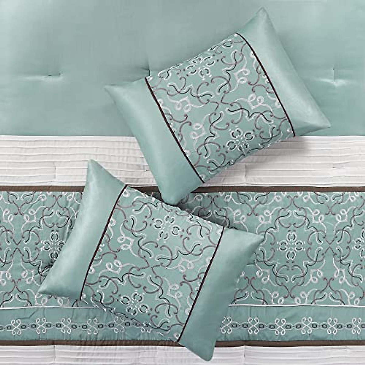 Madison Park Essentials Jelena Room in A Bag Faux Silk Comforter Classic Luxe All Season Down Alternative Bedding, Matching Bedskirt, Curtains, Decorative Pillows, Queen(90"x90"), Seafoam 24 Piece