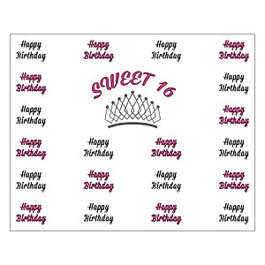 BannerBuzz Happy Birthday Sweet 16 White & Pink Theme Custom Step and Repeat Banner, Graphic, 11 oz. PVC Flex, 720 DPI Eco-Solvent Printing, for Events and Parties, Photography Background (8'W x 10'H)