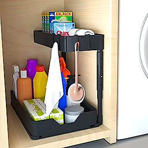 Adjustable Height Under Sink Organizers and Storage, 2 Tier Slide Out Shelf Under Cabinet Kitchen Storage with 4 Hooks, Pull Out Under Sink Organizer for Kitchen Bathroom Counter Office Pantry