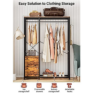Lulive Clothes Rack, Heavy Duty Garment Rack for Hanging Clothes, Industrial Clothing Racks with Shelves, 2 Fabric Drawers, 4 Hooks, 2 Hanging Rods, Freestanding Closet Organizer, Rustic Brown