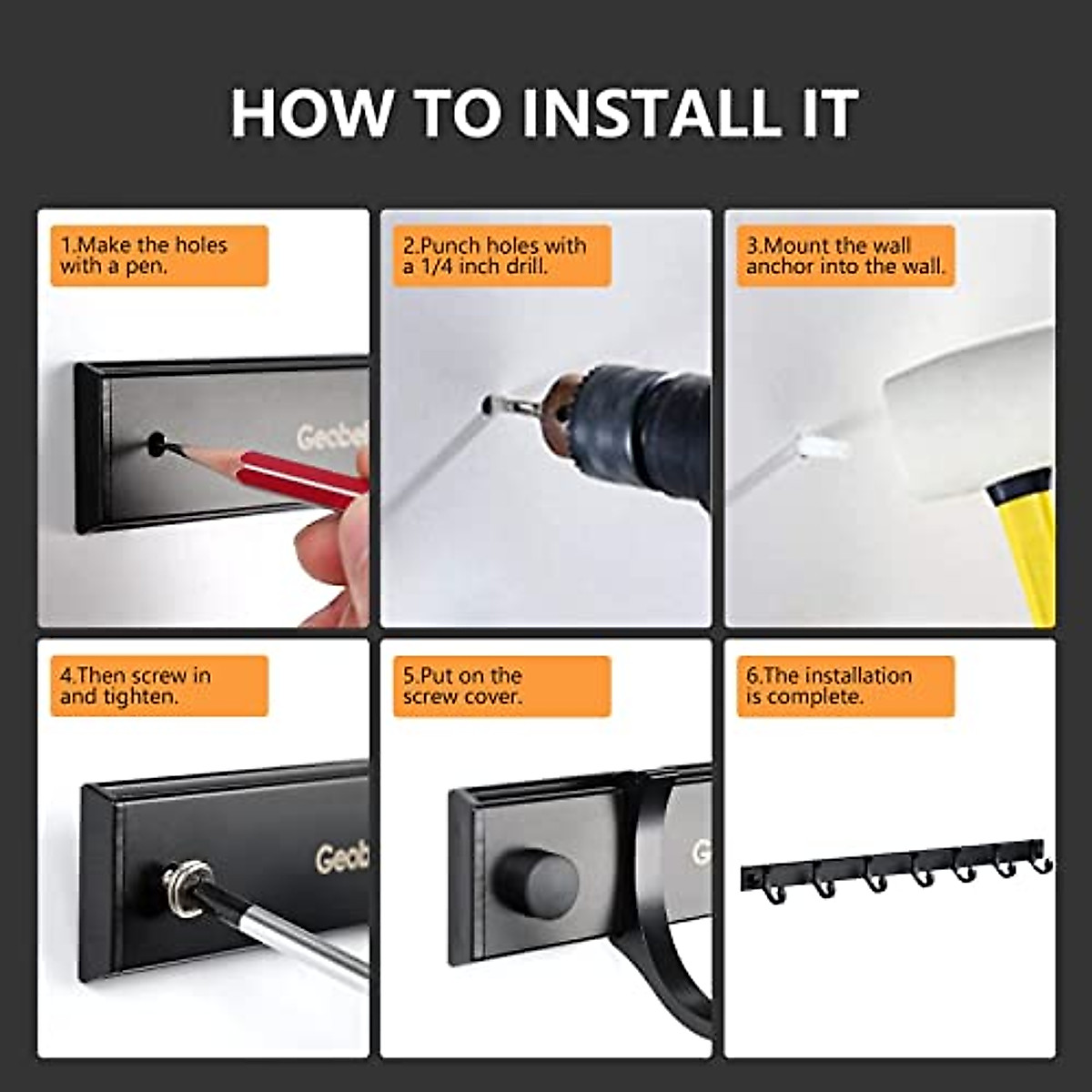 Geobella Coat Hooks Wall Mounted with Rail Silding Hooks for Hanging Coats Purse Clothes Jacket Backpack Entryway,Towel Racks Bathroom Black (3 Hooks, 1 Pack)