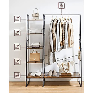 VASAGLE Clothes Rack, Clothing Rack with Shoe Shelf, 5-Tier Storage Rack, 6 Side Hooks, for Bedroom, Living Room, Rustic Brown and Black URGR116B01