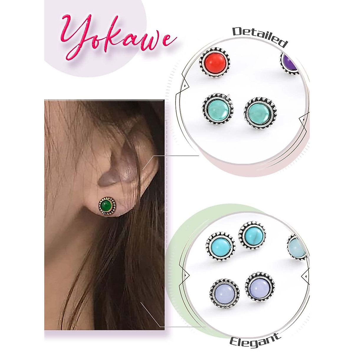 Yokawe Boho Stud Set Earrings Silver Crystal Gem Earring Ear Stud Multiple Ear Jewelry for Women and Girls Gift (6 Pairs)