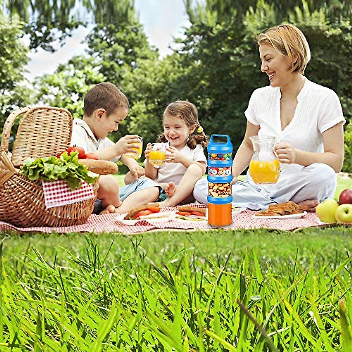 Dolibest stackable snack containers, Twist Lock Stackable Snack Jars, Stackable Containers Set for Storing Milk, Protein Powder, Snacks, Nuts, BPA Free, 4-Piece (Blue, 31oz)